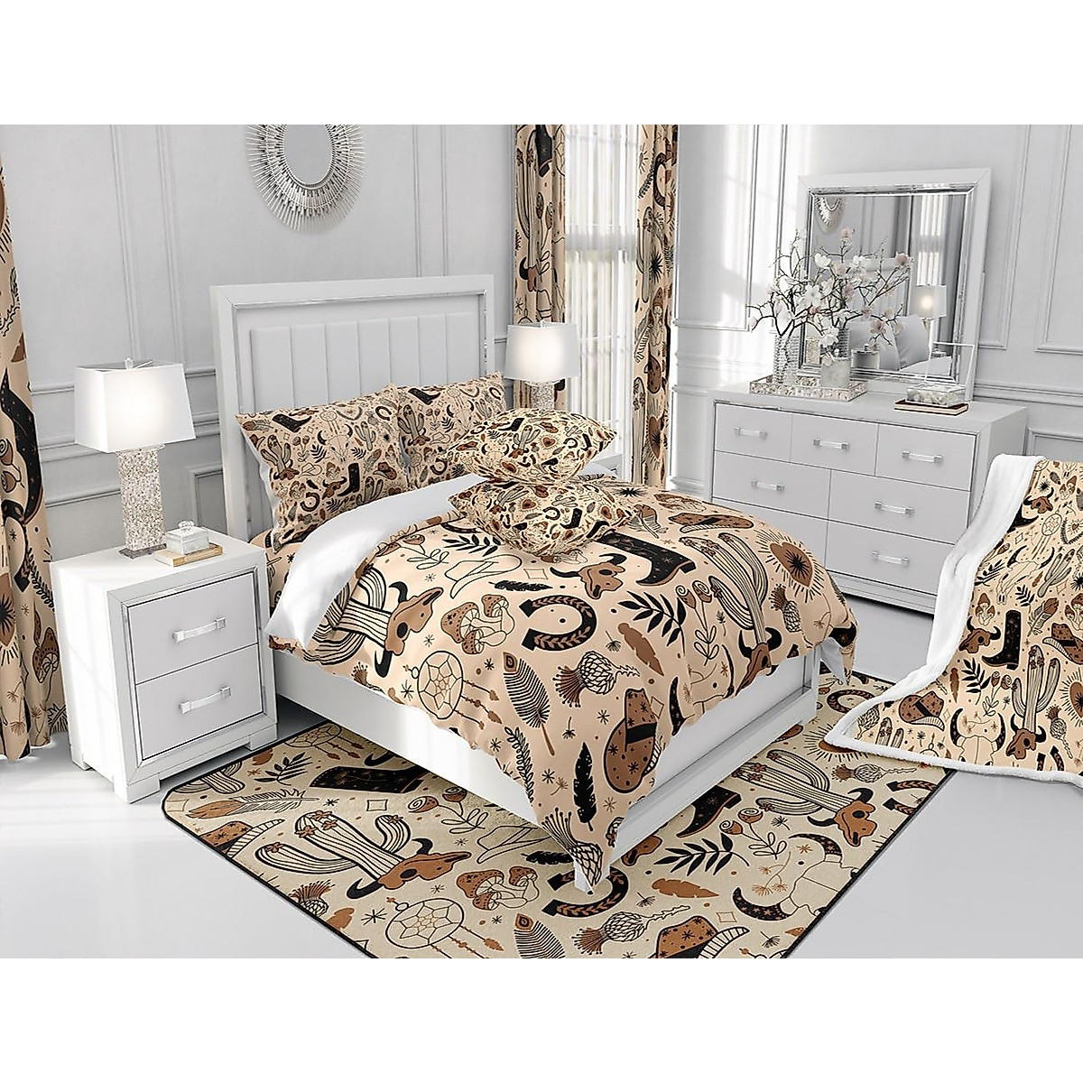 Manfei Cowboy Sheet Set King Size, American Western Bedding Set for Kids Teens Room Decor, Retro Skull Cowboy Boots Hats Bed Sheet Set 4pcs with Deep Pocket Fitted Sheet + Flat Sheet + 2 Pillowcases