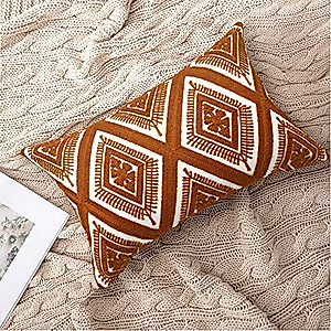 Alysheer Embroidered Lumbar Decorative Throw Pillow Cover 12"x 20", Classic Boho Geometric Embroidery Pattern Cotton Rectangular Cushion Case for Sofa Couch Living Room Bedroom(Burnt Orange)