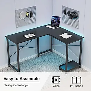 L-Shaped Wooden PC Desk for Gaming and Work - 50 Inch Writing Space-Saving Corner Table with CPU Storage Shelf, Side Bag, Home, Office, Black