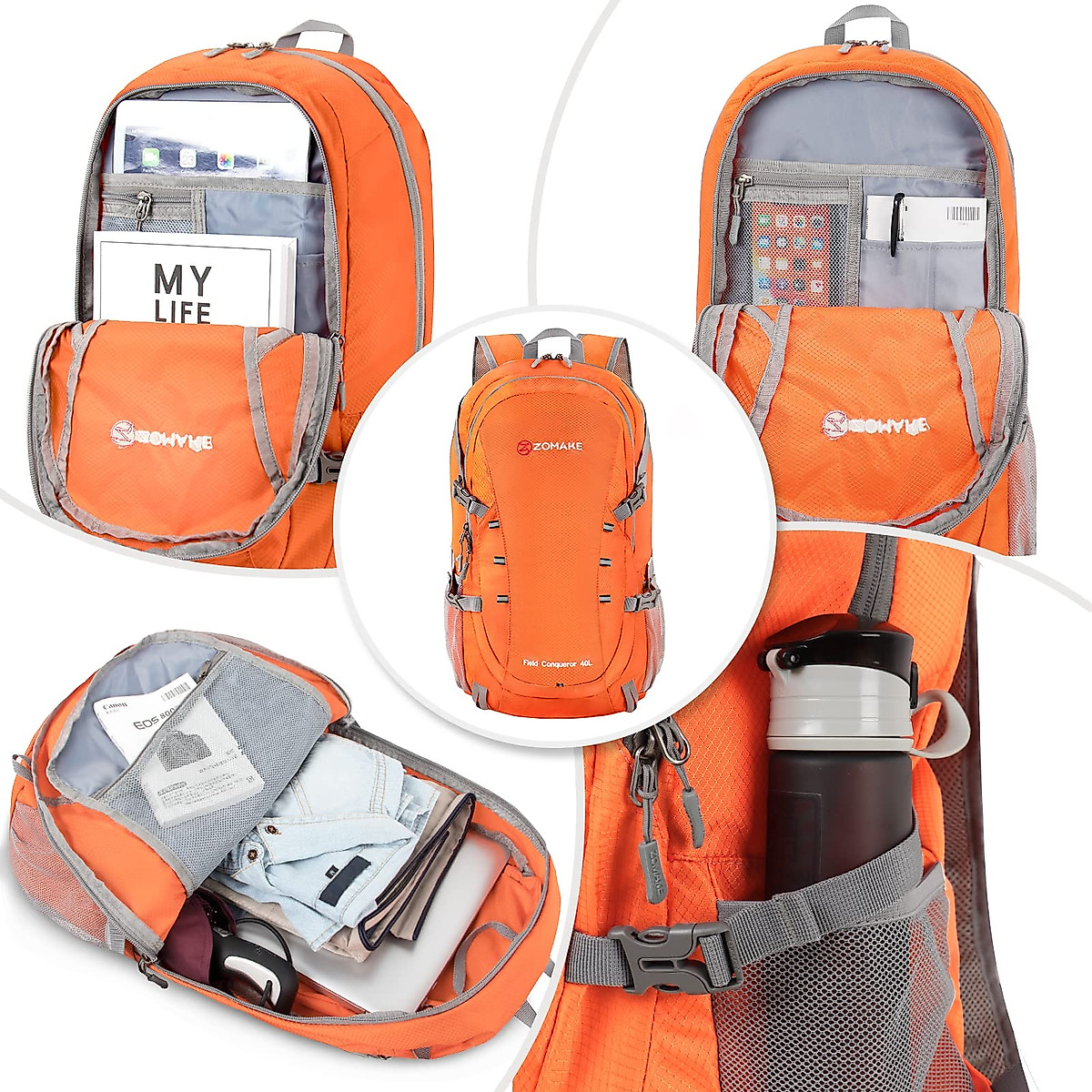 ZOMAKE Packable Hiking Backpack Water Resistant,40L Lightweight Daypack Foldable Backpack for Travel (Orange)