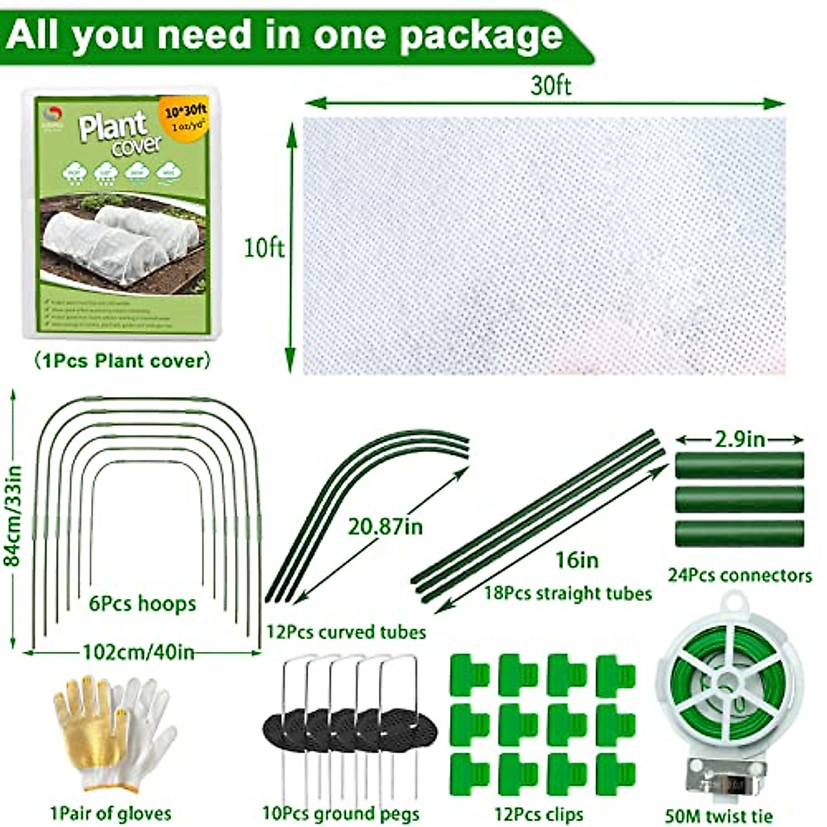 Plant Covers Freeze Protection Kit,10 x 30Ft Frost Cloth and 6Pcs Wide Garden Hoops 1oz/yd2 Floating Row Cover with Greenhouse Hoops Frost Blanket for Winter Garden Covers for Raised Beds with Tools