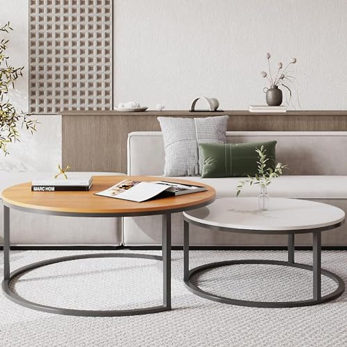 ODIKA 31.5'' Modern Round Nesting Coffee Tables (Set of 2), Stacking Living Room Accent Tables with Industrial Wood Finish & Metal Frame, Brown/White Tops, Space-Saving, Easy Assembly & Cleaning