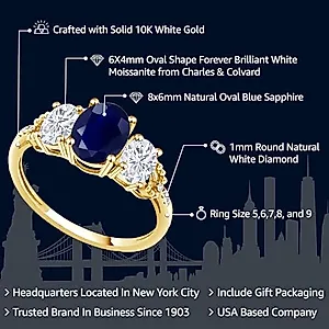 Gem Stone King 2.84 Cttw 10K Yellow Gold Blue Sapphire White Moissanite and Diamond 3-Stone Engagement Ring | Gemstone Birthstone | 3 Stone Wedding Anniversary Promise Ring For Women (Size 7)