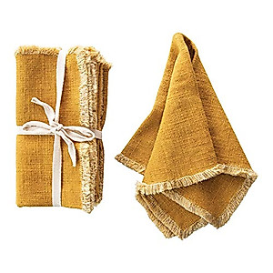 Creative Co-Op Mustard Square Linen Blend Fringe Trim (Set of 4) Napkin
