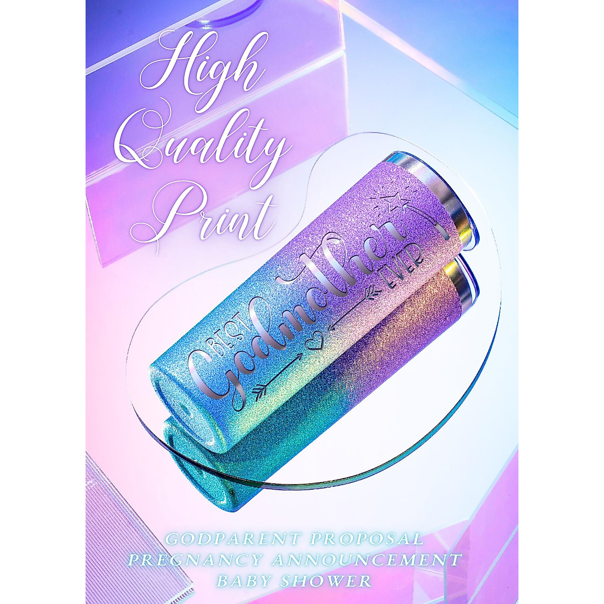 Onebttl Godmother Gifts, Mothers Day Gifts for Godmother, 20 oz Skinny Stainless Steel Tumbler Travel Mug for Best Friend, Aunt, Sister, Best Godmother Ever Glitter Blue Purple