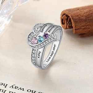 Lam Hub Fong Personalized Birthstone Rings for Women Mother Daughter Rings for Mom Custom BFF Friendship Rings with 1-6 Name Rings for Women (3 Birthstones, 7)