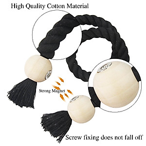 Porlau 2 Pack Black Magnetic Curtain Tiebacks Cotton Hand Woven Tieback Holdback Decorative Tie Backs for Drapes with Wooden Buckle No Tools Required