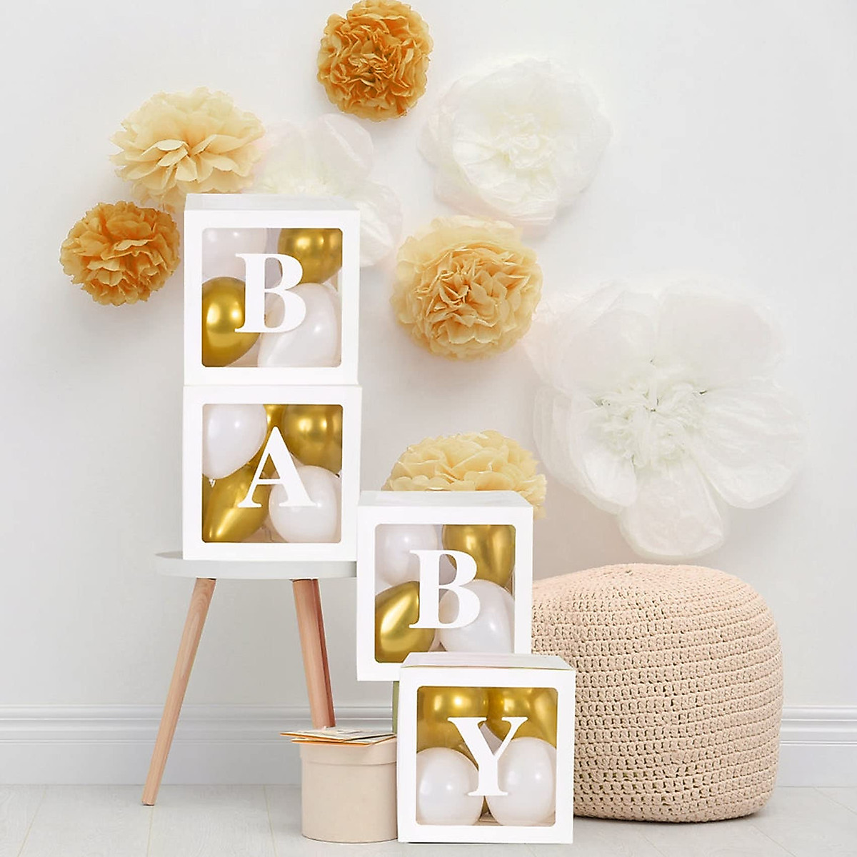 JOYYPOP Baby Boxes with Letters for Baby Shower, 4 Transparent Balloon Boxes with 16 Letters for Boys & Girls Birthday, Gender Reveal Decorations and Wedding Party(White)