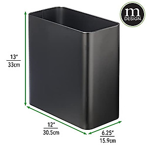 mDesign Stainless Steel Slim Rectangular Modern Metal 2.6 Gallon/10 Liter Trash Can Wastebasket, Garbage Container Bin for Bathroom, Bedroom, Kitchen, Home Office; Holds Waste, Recycling - Black