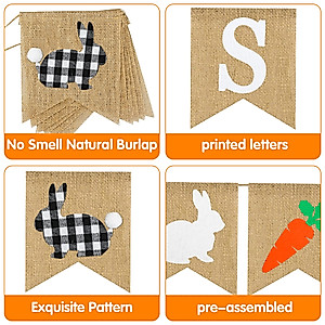 Easter Burlap Banner with Buffalo Plaid Bunny - NO DIY - Rustic Farmhouse Easter Decorations, Easter Bunny Rabbit Carrot Bunting Garland for Home Mantle - Easter Bunny Banner - Easter Party Decor