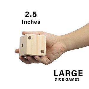Large Wooden Yard Dice Set of 6 with Two Games and Cardboard Bucket