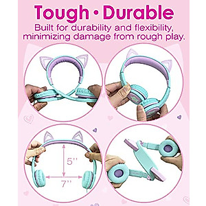 FosPower Kids Headphones with LED Cat Ears, 3.5mm On-Ear Wired Headset with Laced Cables for iPad/Smartphones/PC/Kindle/Tablet/Laptop/School (Max Volume 85dB) - Teal/Light Purple