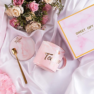 Best Teacher Ever Pink Marble Ceramic Coffee Mug (11.5oz) and Coasters Set - Teacher Gifts - Teacher Appreciation Gifts - Gifts for Teacher - Birthday Gifts Ideas for Teacher