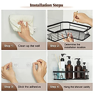 8 Pcs Adhesive Corner Shower Caddy Set 3 Stainless Steel Bathroom Shower Organizer Shelves Rustproof Shower Shelf Rack 2 No Drilling Soap Holder for Shower Wall 1 Toothbrush Holder 2 Towel Bar, Black