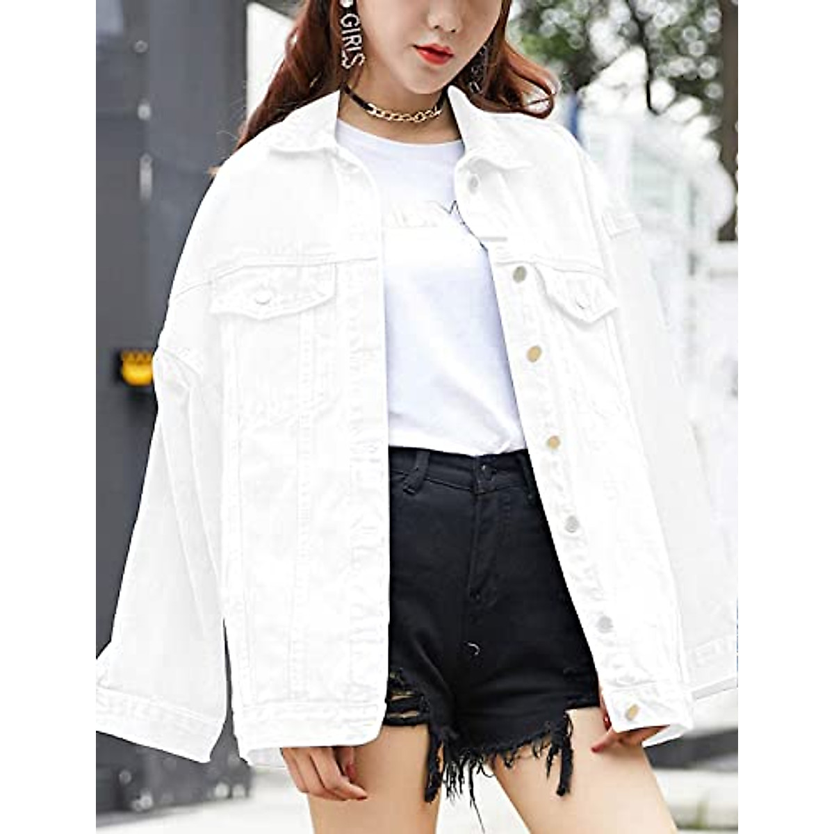 Omoone Women's Oversized Mid Long Denim Jacket Jean Biker Coat(0199-White-XL)