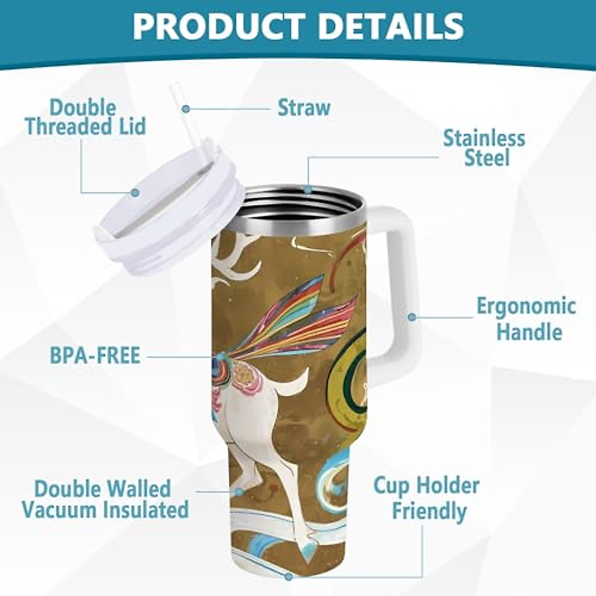 Cold Cup Oriental Deer Floral Clouds XL Insulated Tumbler with Handle Lid Straw 30-40 oz Reusable Cupholder Friendly Water Bottle
