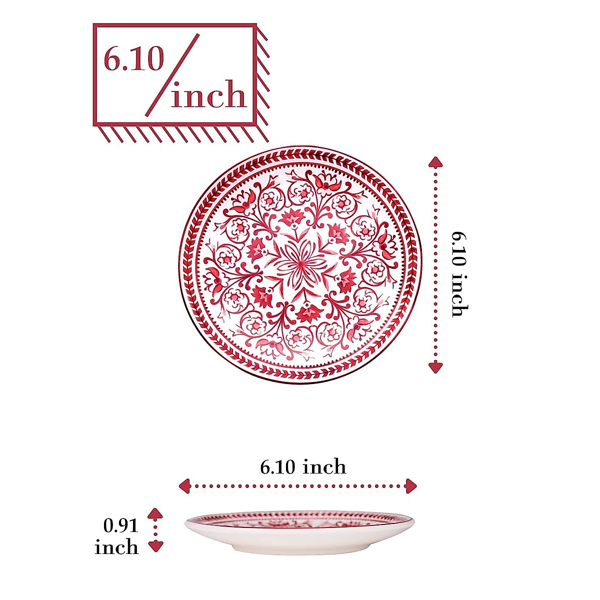 Sonemone 6 Inch Appetizer Plates Set of 6, Christmas Red Floral Ceramic Dessert Plates for Cake, Pie, Snacks, Ice Cream, Microwave & Dishwasher Safe