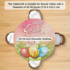 Easter Round Tablecloth with Elastic Edge, Happy Easter Rabbit Bunny Egg Fitted Tablecloth Washable Wipeable Spillproof Polyester Table Cover for Kitchen Dining Party Holiday Fits Round Table 45-56 In