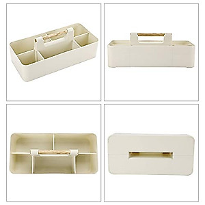 BTSKY Stackable Plastic Portable Storage Organizer Utility Caddy Tote,Divided Craft Storage Organizer Basket Bin with Wooden Handle for Craft, Sewing, Art Supplies, Office Supplies Beige White