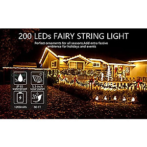 1001 LIGHTSUPPLY LIMITED Solar Fairy Lights Outdoor Waterproof 66ft 200 LED Solar String Lights Warm White, Silver Wire 8 Modes Solar Christmas Lights for Patio Wedding Party Tree Garden Decoration