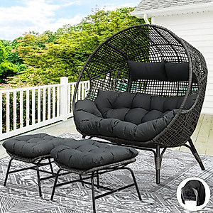 NICESOUL Indoor Outdoor Double Egg Chair with Footstools & Cushions, Oversized Wicker Lounge Chair Extra Large Chair with Footrests Stationary 2 Person Loveseat for Patio Backyard Garden Sunroom Deck