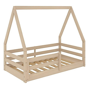 From the Tree Furniture Toddler Size Floor Bed for Girls and Boys, Solid Wood House Roof Bed, Montessori Low Floor Bed with Fence and Slat Support (Natural)