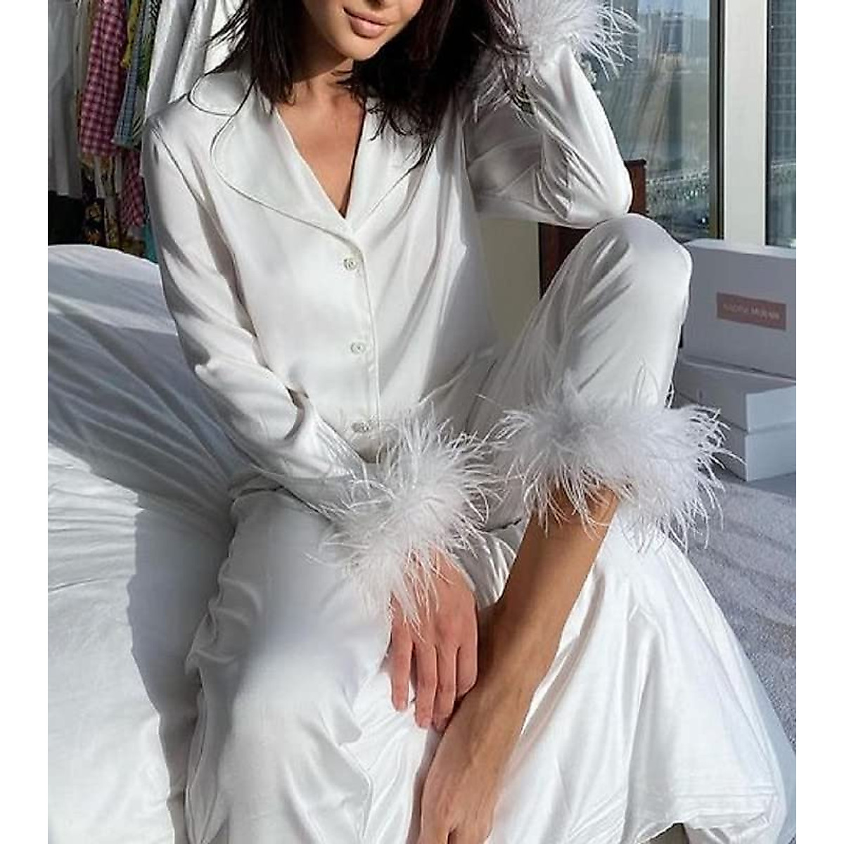 NUFIWI Stain Long Sleeve Button Down Pajamas Suit with Feather Trim Solid Color Sleepwear Set 2022 Summer Fashion Nightwear White