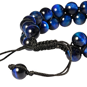 SUNYIK 8mm Round Blue Tiger's Eye Stone Adjustable Bracelet for Unisex, Double Layers Beads Macrame Friendship Bracelets, 7"-10" Strand