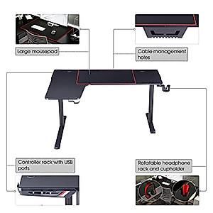 ioHOMES Kindira Modern Steel 65 in. L-Shaped Gaming Desk with USB Ports, PC Mouse Pad and Rotatable Cup-Holder for Home Office, Classroom, Study Room, Black