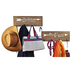 Spiretro Wall Key Hanger, Metal Hook Rack Organize Coat Hat Bag, Leash Holder, Set of 2 for Kids Entryway Hallway, Funny Arrow Sign & Inspirational Words, Rustic Wood_Teak