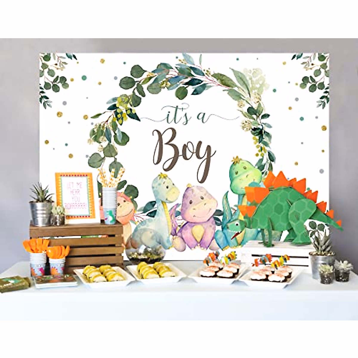 5x3ft It's a Boy Backdrop Baby Shower Cartoon Dinosaur Cactus and Eucalyptus Leaves Photography Background Kids Party Supplies Cake Table Decor Banner Photobooth Props Gift Favors, Green (ELH0C430UU)
