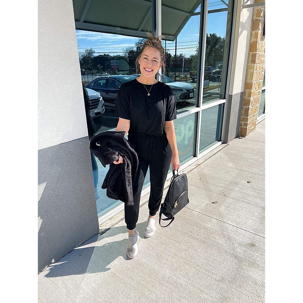 PRETTYGARDEN Women's Two Piece Outfit Short Sleeve Pullover with Drawstring Long Pants Tracksuit Jogger Set (A-black,Medium)