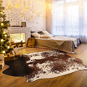 Chicrug Exquisite Faux Fur Cowhide Rug, 4.6 x 5.2 Feet Cow Hide Western Room Decor Rug for Living Room Bedroom, Non Slip Cute Cow Animal Print Floor Carpet for Kids Family, White and Brown