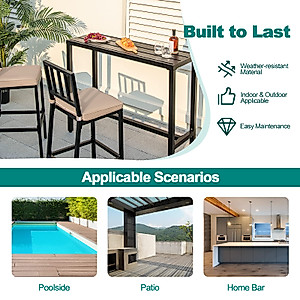 COSTWAY 3 Piece Outdoor Patio Bar Set, 48" Rectangular Pub Height High Top Bar Table with 2 Cushioned Bar Stools, Metal Bar Table and Chairs Set for Balcony, Backyard, Porch
