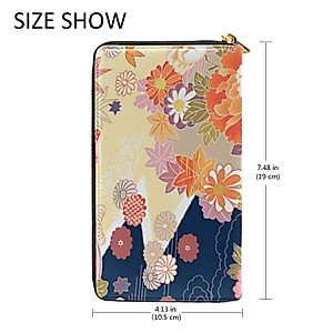 Traditional Kimono Pattern Asian Japanese Chinese Floral Flowers Leather Long Wallet Organizer with Zipper Purse Clutch Bag for Women Men Key Card Coin Passport Checkbook