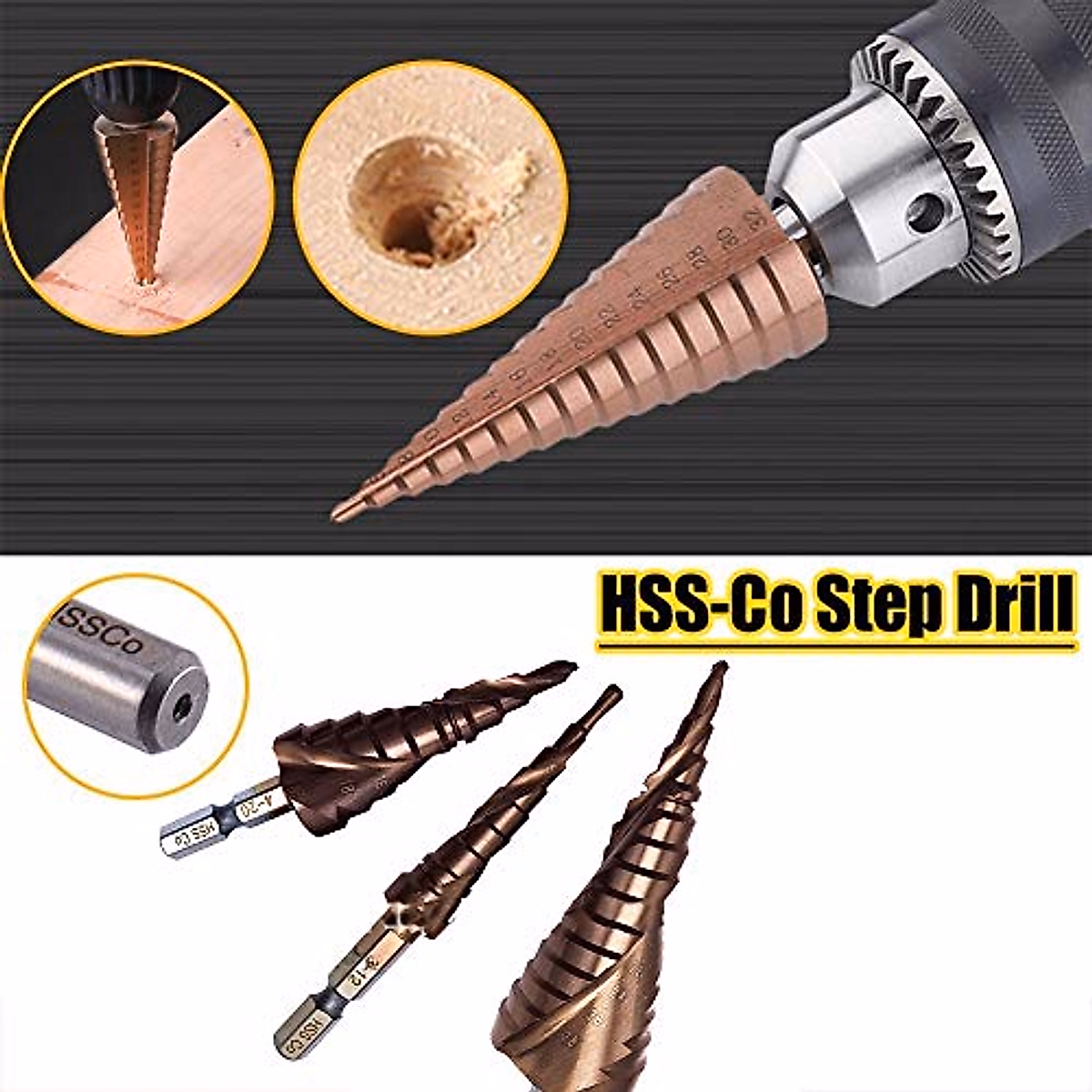 HSS-CO M35 Step Drill Bits Cut Tool， Step Drill for DIY Woodworking, Plastic Wood 5-27mm
