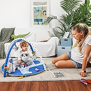 SYNPOS Baby Gym Play Mat, Baby Play Mat with 10 Toys for Sensory and Motor Skill Development, Baby Gym Activity Mat with Elephant Security Blanket, Rainbow Play Mat for Baby Gift