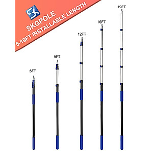 SKGPOLE 26FT Reach Telescopic Extension Pole, 5-19FT Multi-Purpose Extension Pole with Universal Twist-on Metal Tip, Sturdy Aluminum Paint Roller Extension Pole for Squeegee, Paint Roller, Duster