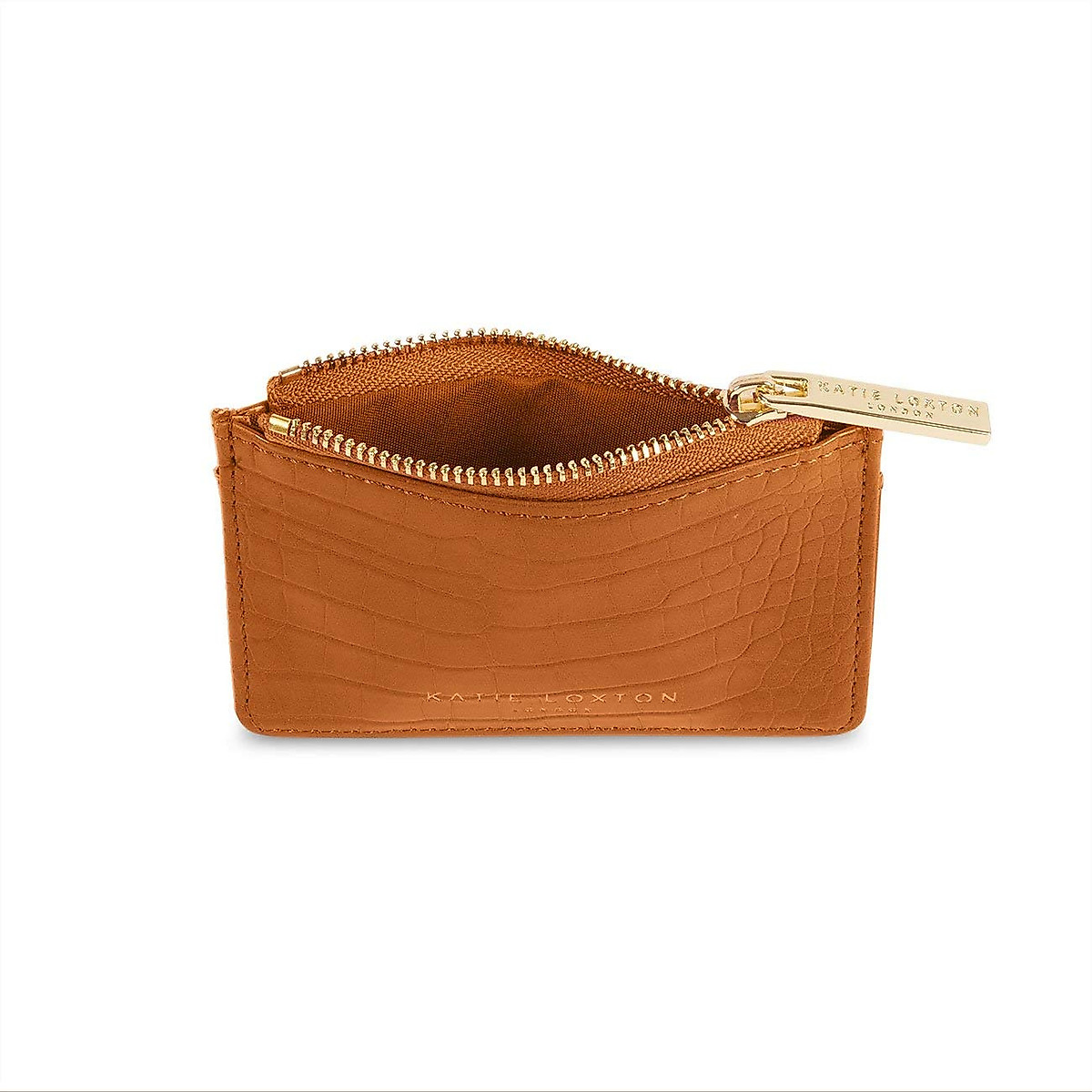 KATIE LOXTON Faux Crocodile Print Womens Medium Vegan Leather Zippered Card Holder Wallet Cognac