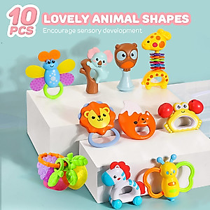 TOY Life 10PCS Baby Rattles Teether Rattles Toys - Rattle Teething Toys for Babies- Grab Shaker and Spin Rattle - Baby Chew Toys for 0 3 6 9 12 Month Newborn Infant Baby…