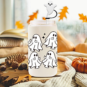 Halloween Ghost Glass Cups With Lid & Straw - 16 oz Spooky Halloween Iced Coffee Tumbler, Cute Halloween Gifts for Women, Teens Girls, Boo Basket Stuffers Items, Include 2 Silicone Straw Covers