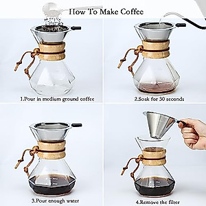 Lalord Pour Over Coffee Maker with Reusable Stainless Steel Filter, 20 oz Borosilicate Glass Coffee Carafe, Wooden Collar, Coffee Dripper Brewer, Hold 3 Cups, 600ml