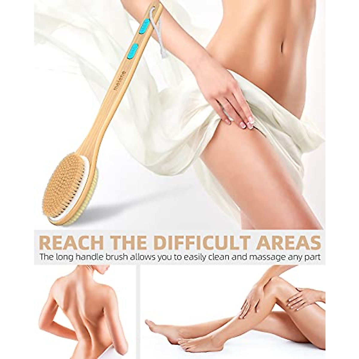 Metene Shower Brush with Soft and Stiff Bristles, Bath Dual-Sided Long Handle Back Scrubber Body Exfoliator for Wet or Dry Brushing