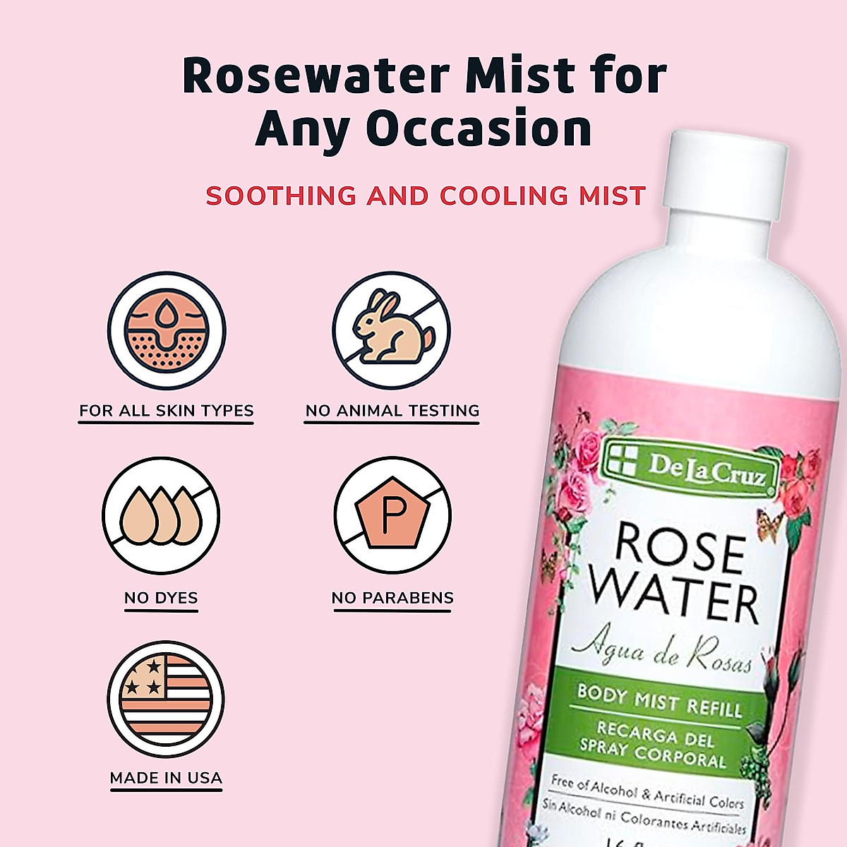 De La Cruz Rose Water Body Mist Refill- Rosewater Spray for Face, Skin and Hair 16 fl oz (1 Bottle)