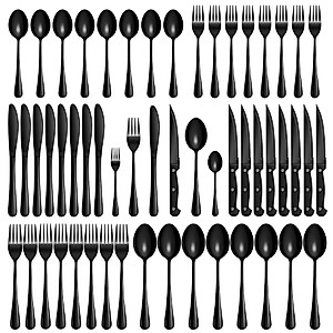 Velaze 48Pcs Black Silverware Set for 8 with Steak Knives, Stainless Steel Flatware Set, Mirror Polished Cutlery Set, Home Eating Tableware Set, Kitchen Utensils Set With Forks Spoons and Knives Set