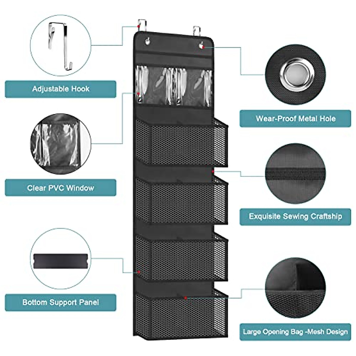 NPET Over Door Hanging Organizer Wall Mount Storage with Clear PVC Pocket, EVA Waterproof Mesh Pocket and Oxford Cloth Material for Closet Bedroom Nursery Dorm (33BK01, Black)