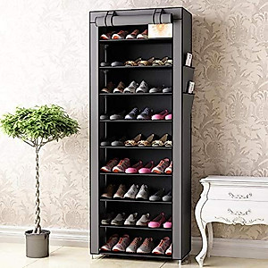 PENGKE 9-Shelf Shoe Organizer with Dust Cover - Closet shelf for up to 27 pairs of shoes - Designed for doorways, hallways, balconies, living rooms - Gray
