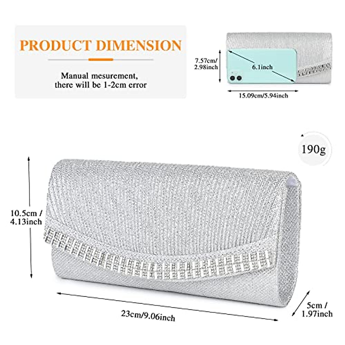 Pinprin Ladies Evening Clutch Elegant Envelope Handbag Womens Wedding Party Prom Bridal Party Purse (B-Silver)