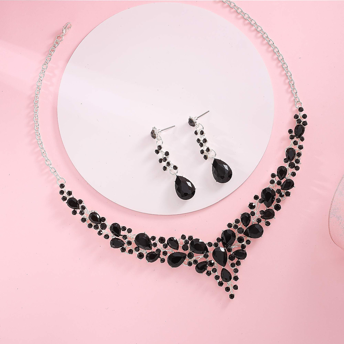Paxuan Black Wedding Bridal Prom Jewelry Set Black Crystal Rhinestone Necklace Earrings Bracelet Jewelry Sets for bride bridesmaid Wedding (Black - Necklace + Earrings + Bracelet)