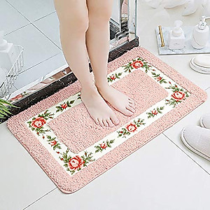 UKELER Non-Skid Floral Rose Bathroom Contour Rugs, Set of 2 Soft Shaggy Non Slip Bath Shower Mat and U-Shaped Toilet Floor Rugs, Pink